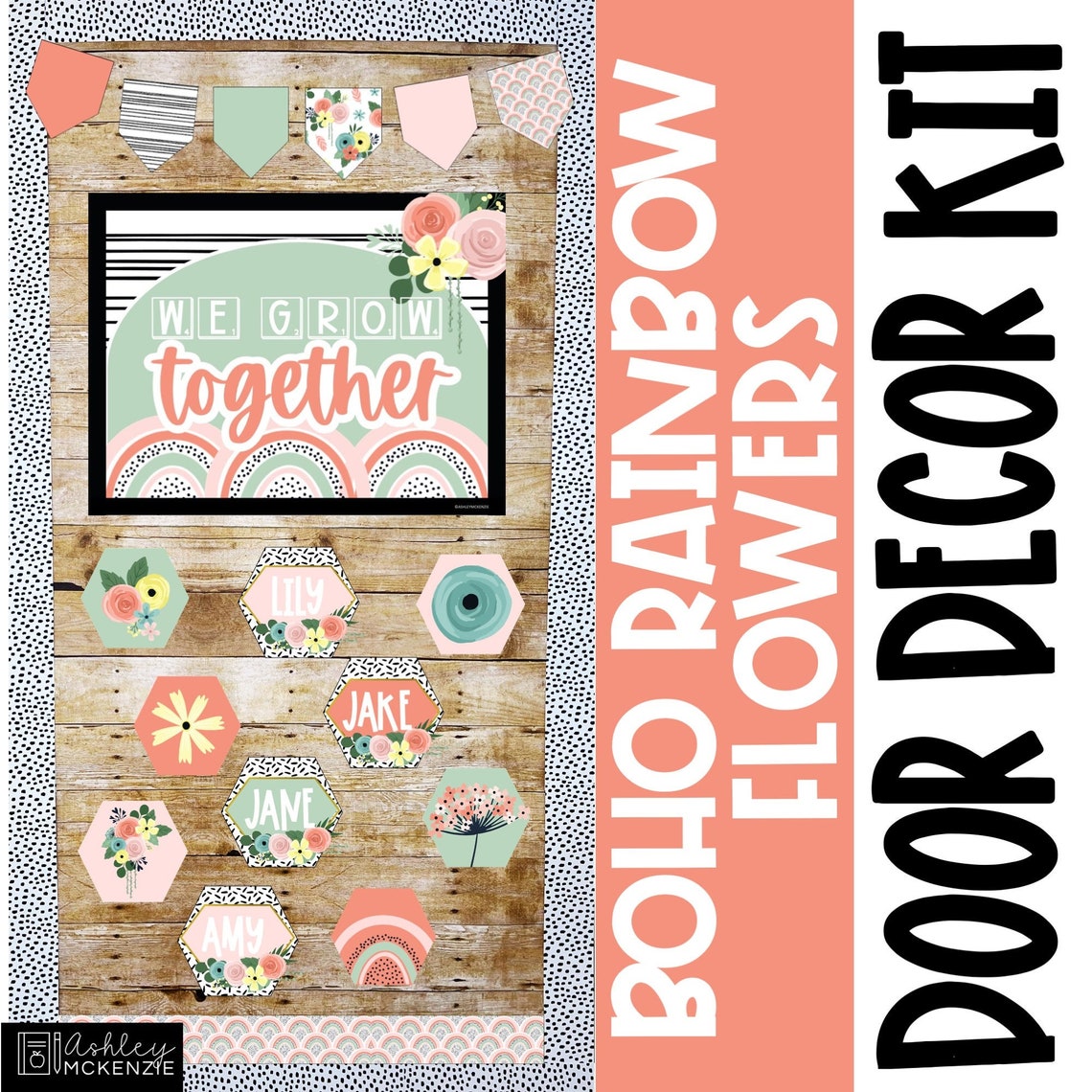 Boho Rainbow Flowers Classroom Door Decor Kit Back to School - Etsy