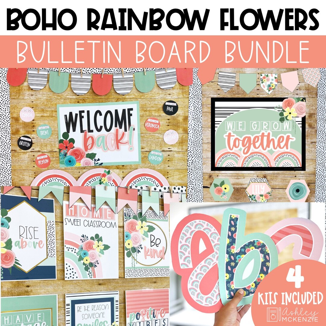 Boho Rainbow Flowers Classroom Decor, Bulletin Board Kit, Classroom ...