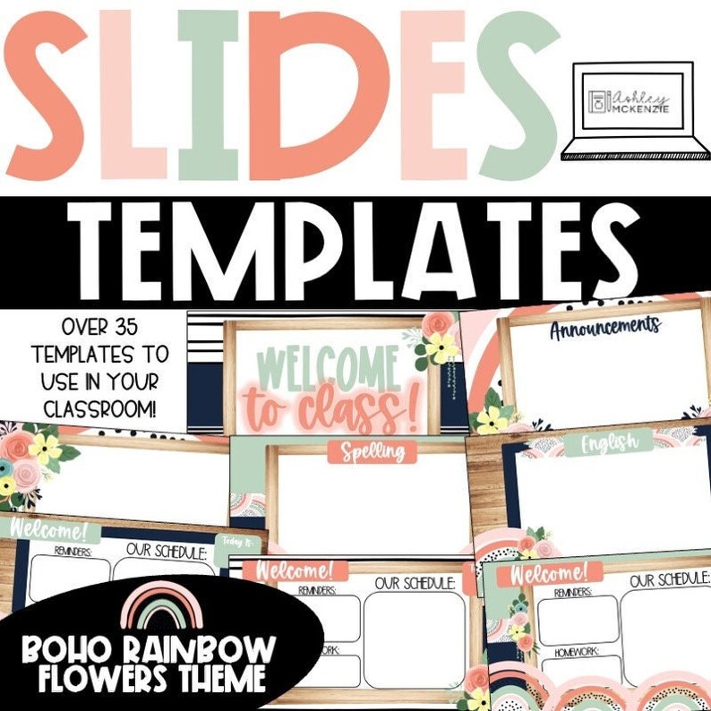 Boho Rainbow Flowers Google Slides and Powerpoint Templates, Digital ...