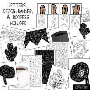 Floral Black and White Bulletin Board Kit Neutral Wildflowers Theme ...