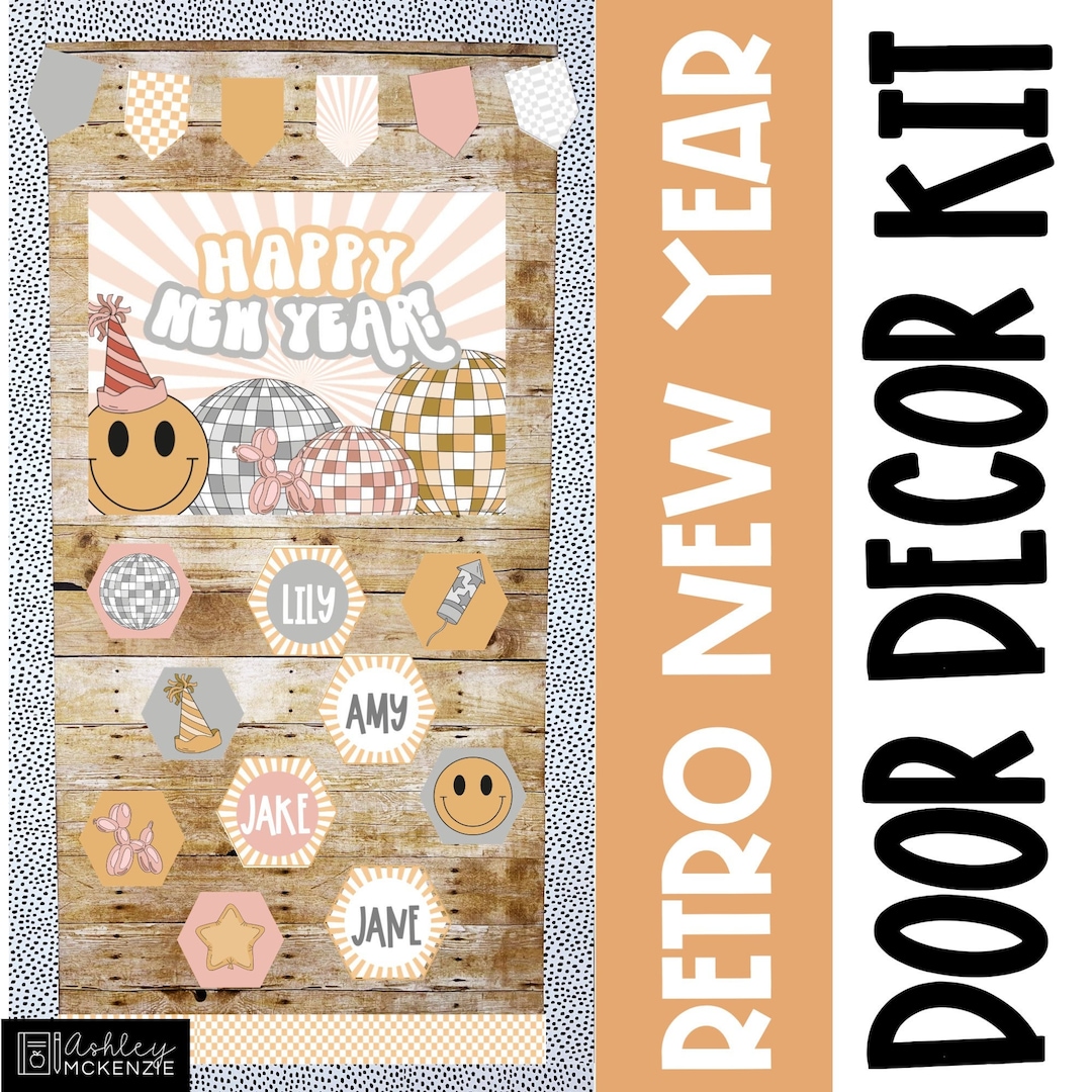 Retro New Year Classroom Door Decor Kit, Holiday Season Decorations ...