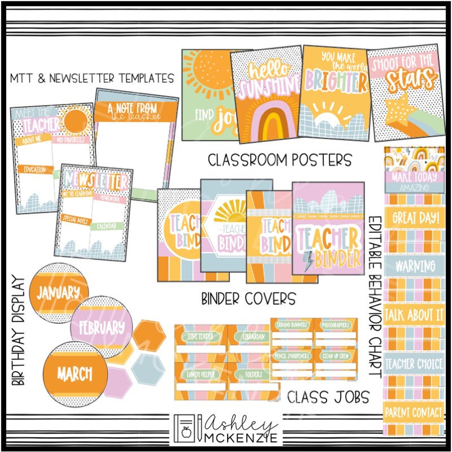 Sunshine Themed Classroom Decor Bundle, Editable Bright Pastel Colors ...