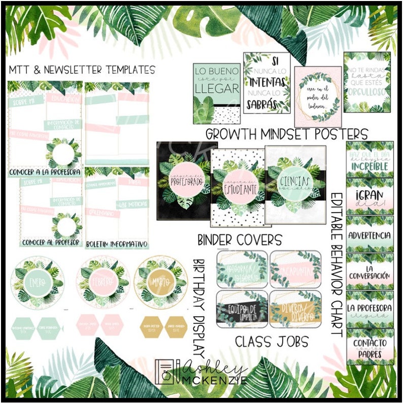 Modern Tropical Classroom Decor Bundle, Spanish Version, Back to School ...