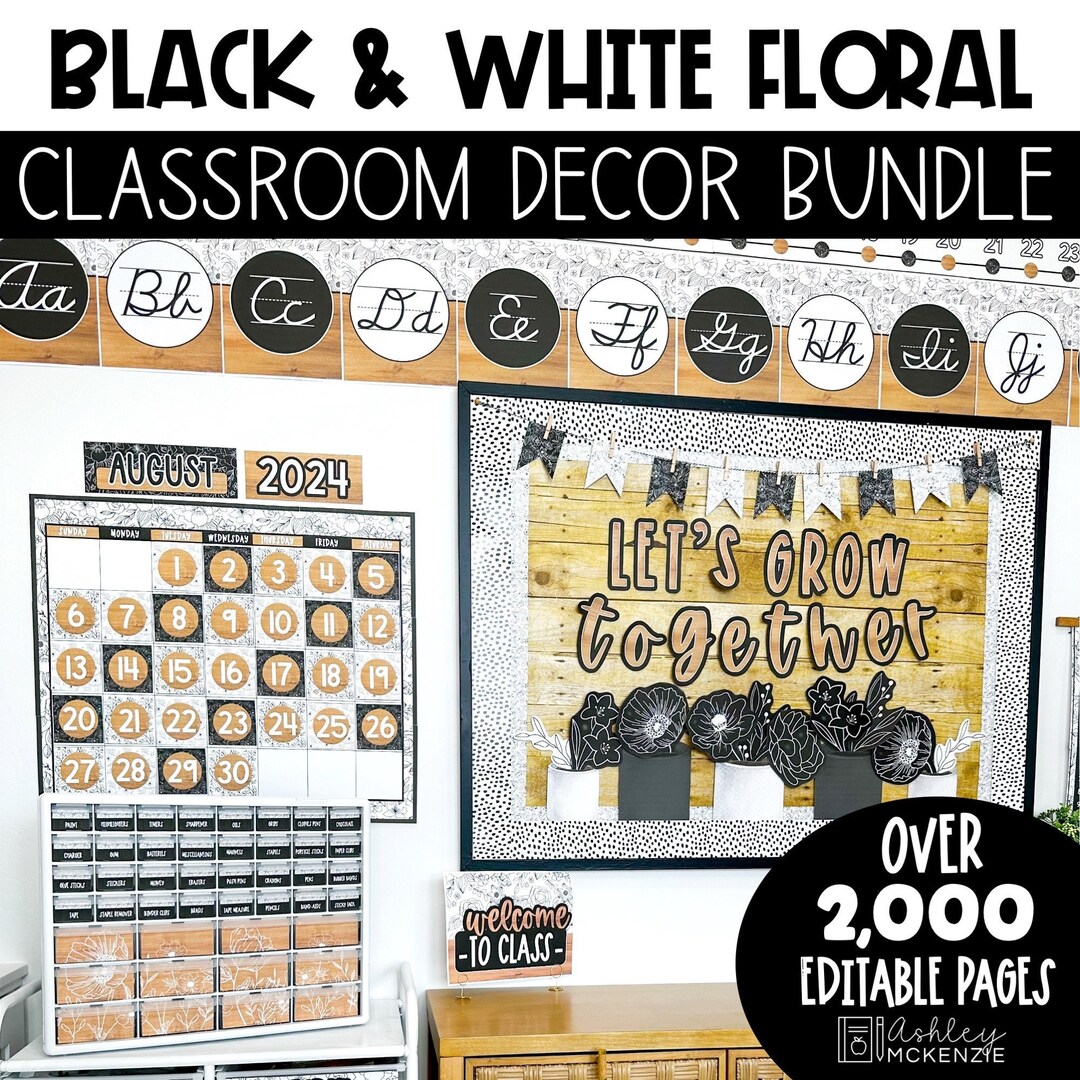 Floral Black and White Classroom Decor Bundle Neutral Wildflowers Theme ...