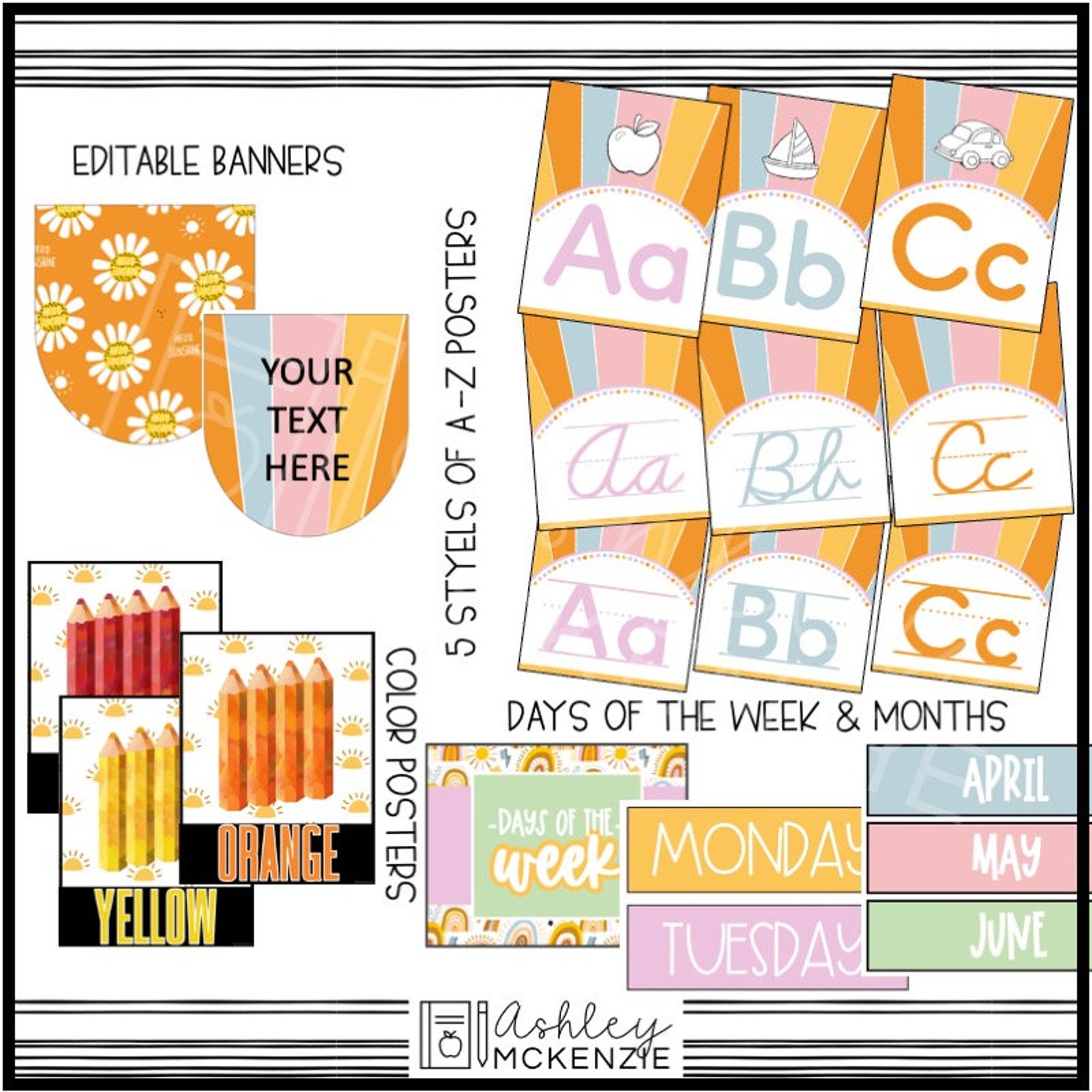 Sunshine Themed Classroom Decor Bundle, Editable Bright Pastel Colors ...