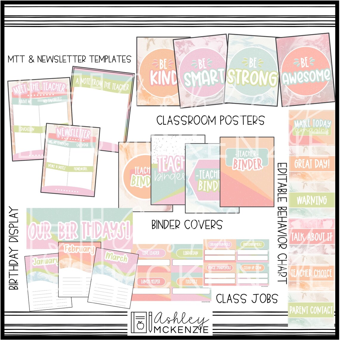 Marbled Pastel Themed Classroom Decor Bundle Editable Classroom Decor ...