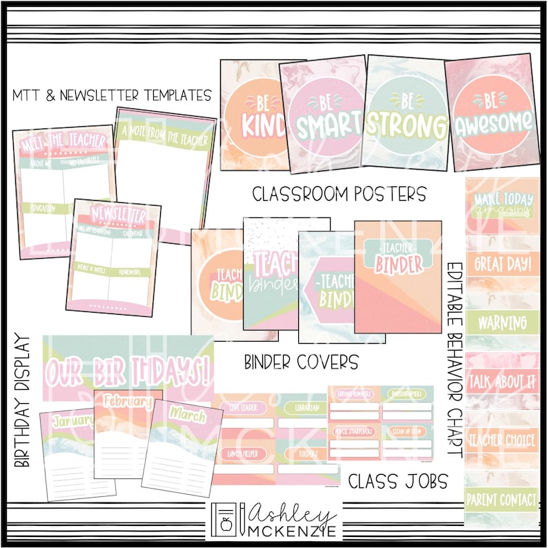 Marbled Pastel Themed Classroom Decor Bundle Editable Classroom Decor ...