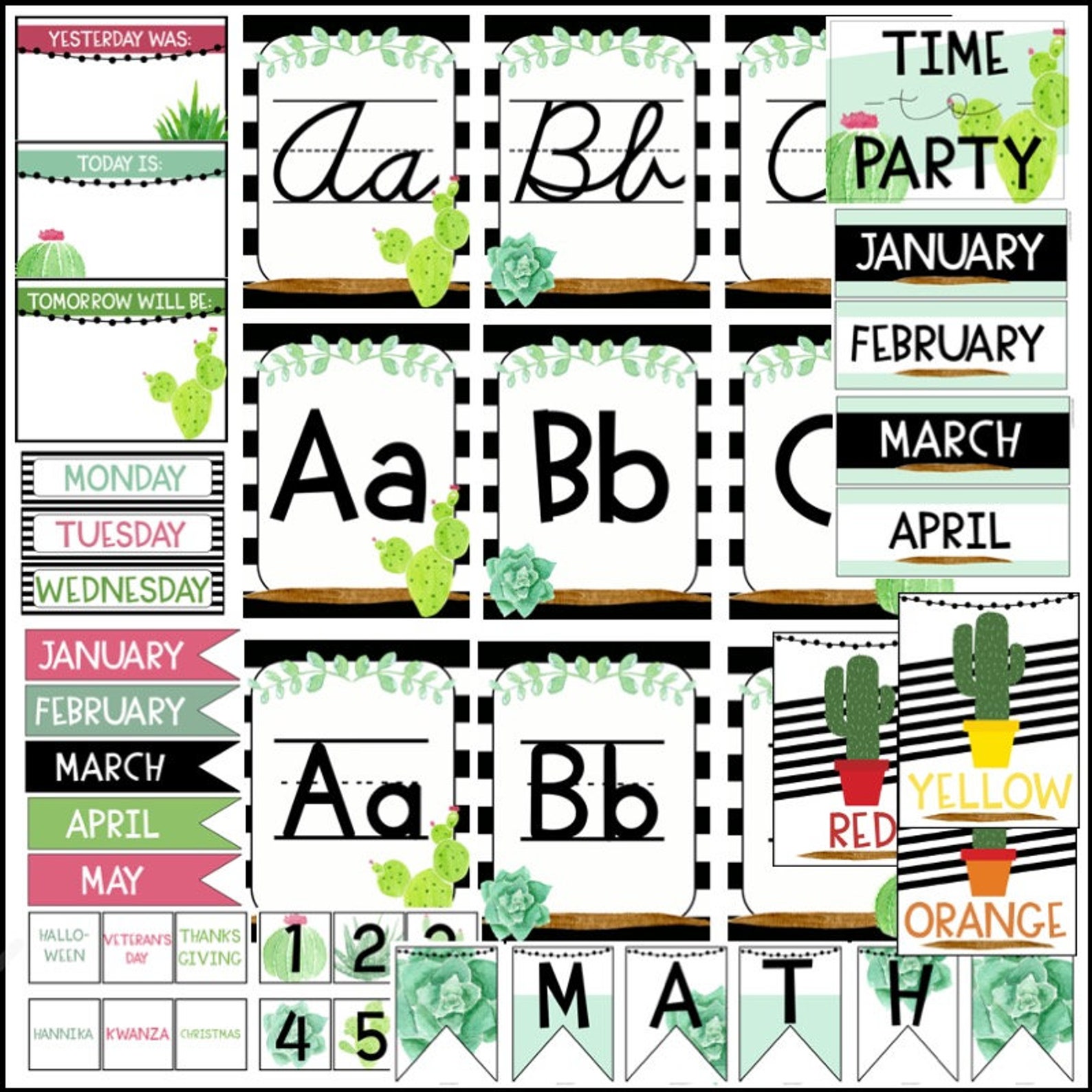Watercolor Succulent and Cactus Classroom Decor Bundle, Easy and Modern ...