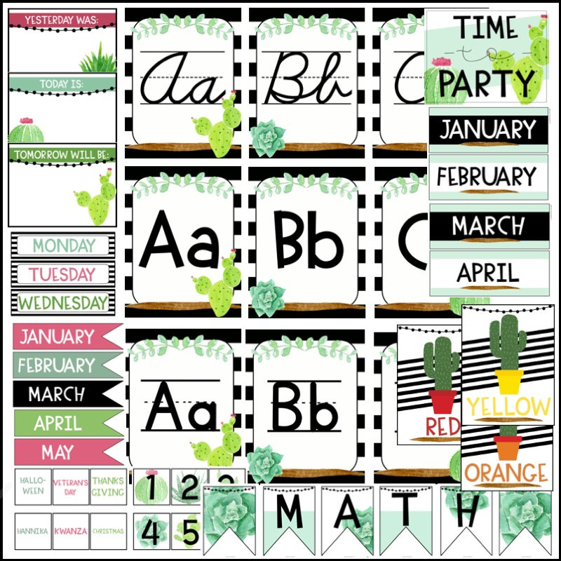 Watercolor Succulent and Cactus Classroom Decor Bundle, Easy and Modern ...