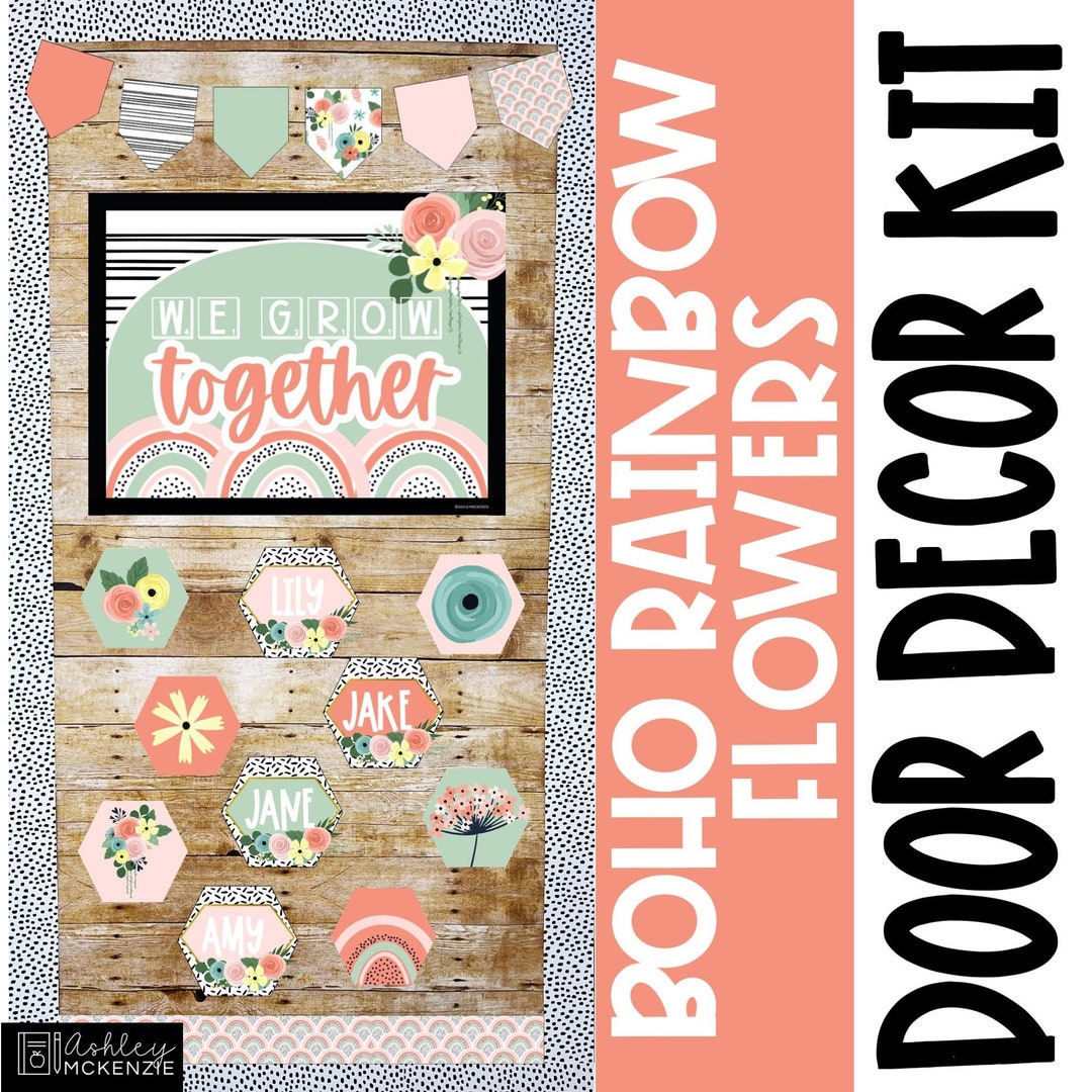 Boho Rainbow Flowers Classroom Door Decor Kit, Back to School, Easy and ...