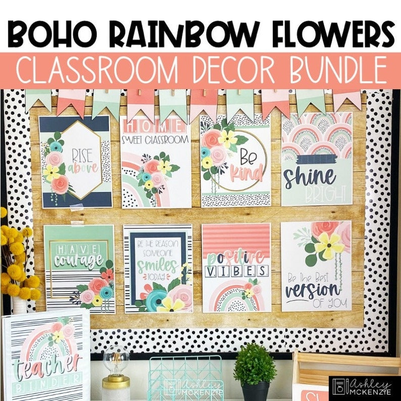 Boho Rainbow Flowers Classroom Decor Bundle Easy and Modern - Etsy