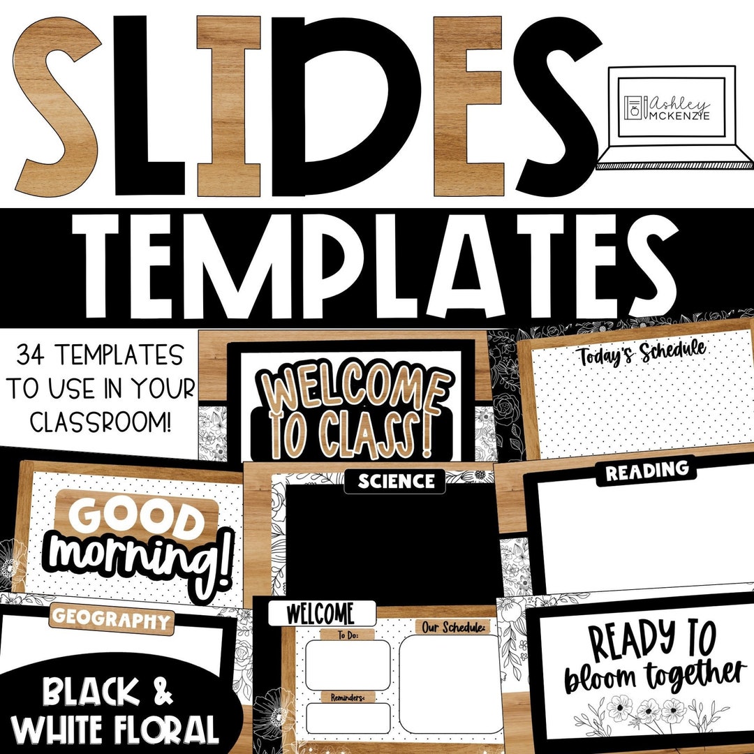 Black and White Floral Google Slides and Powerpoint Templates, Digital ...