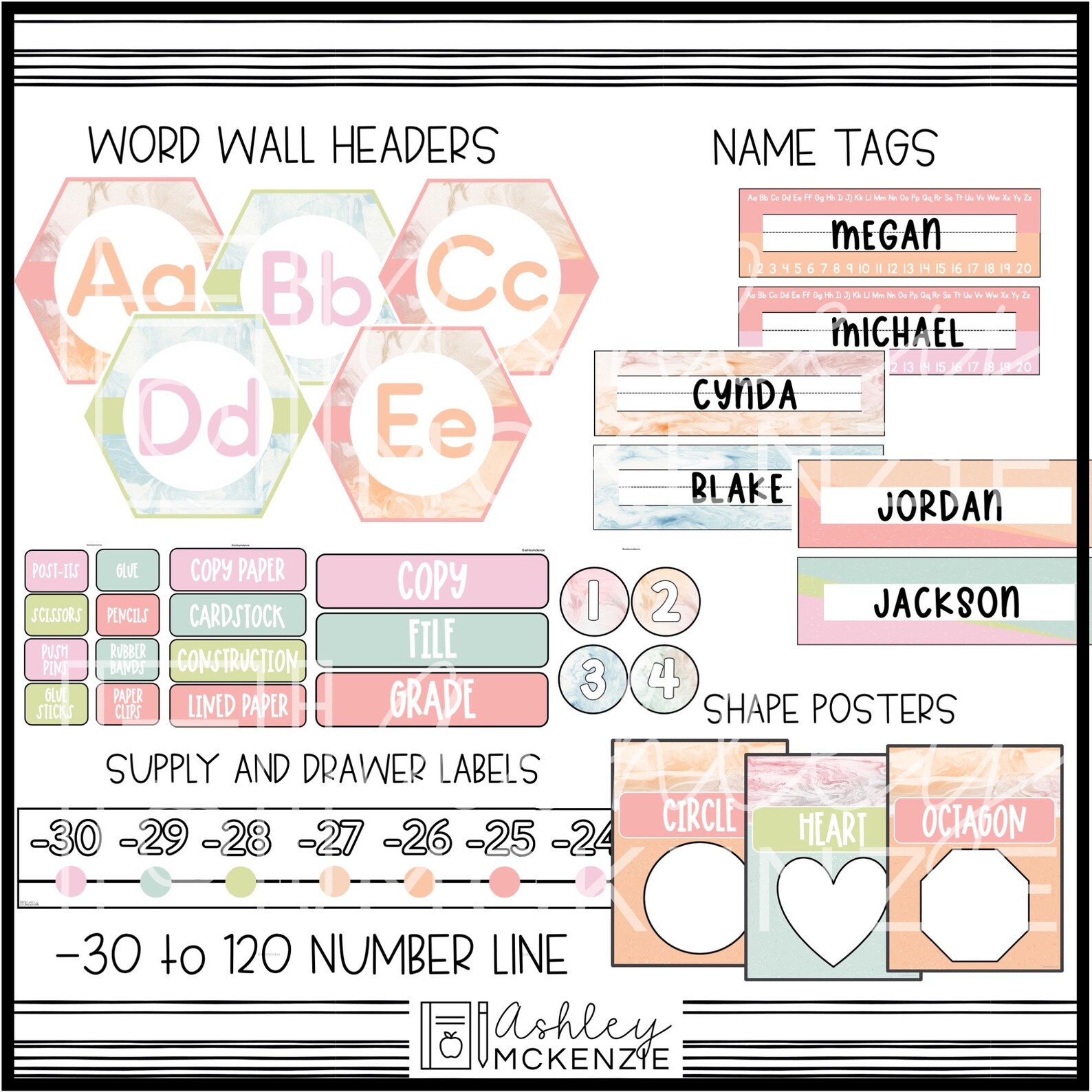 Marbled Pastel Themed Classroom Decor Bundle Editable Classroom Decor ...