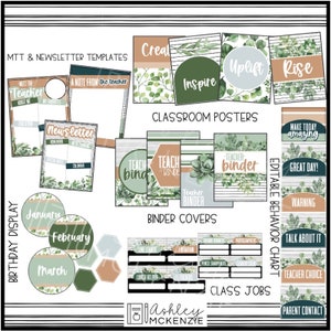Modern Greenery Classroom Decor Bundle Editable Calm Colors Decor ...