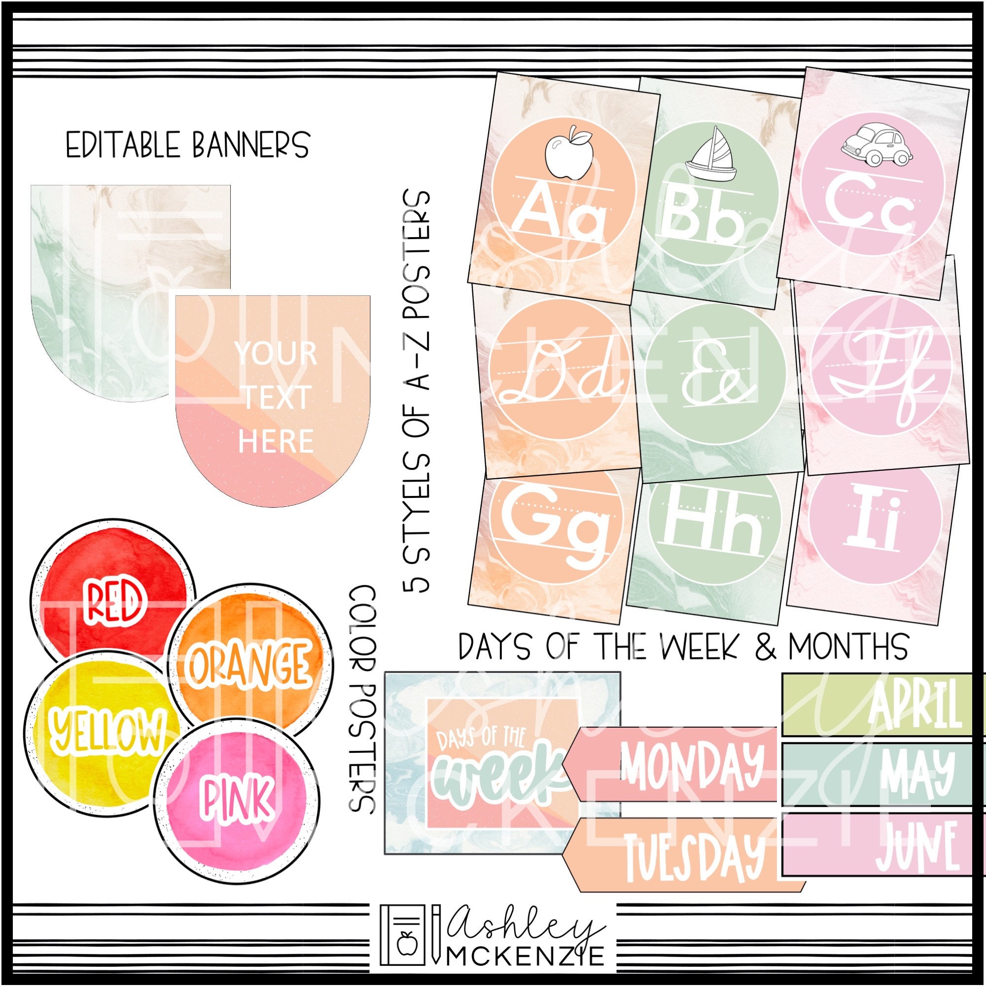 Marbled Pastel Themed Classroom Decor Bundle Editable Classroom Decor ...