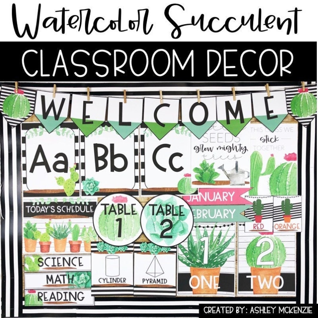 Watercolor Succulent and Cactus Classroom Decor Bundle, Easy and Modern ...