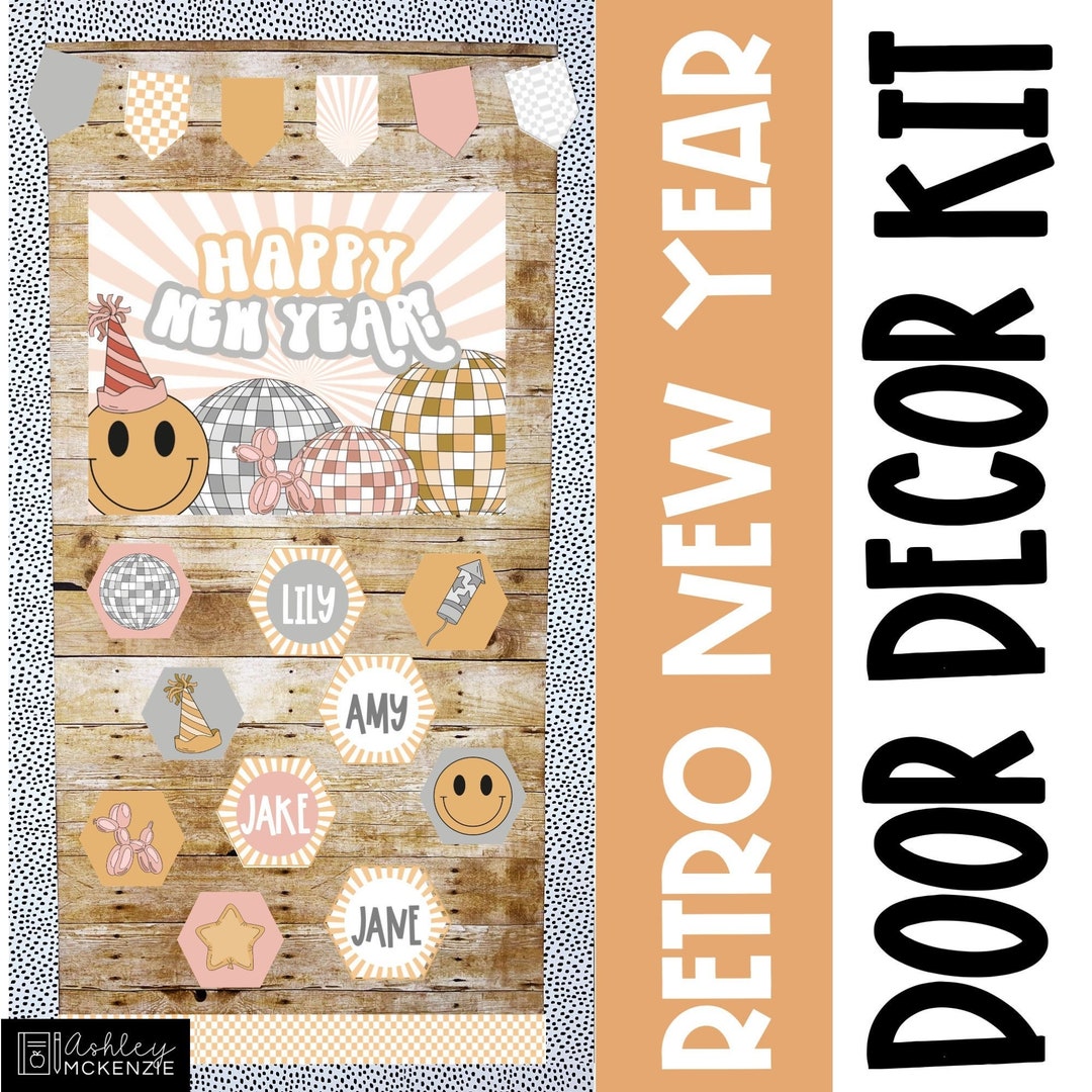 Retro New Year Classroom Door Decor Kit, Holiday Season Decorations ...
