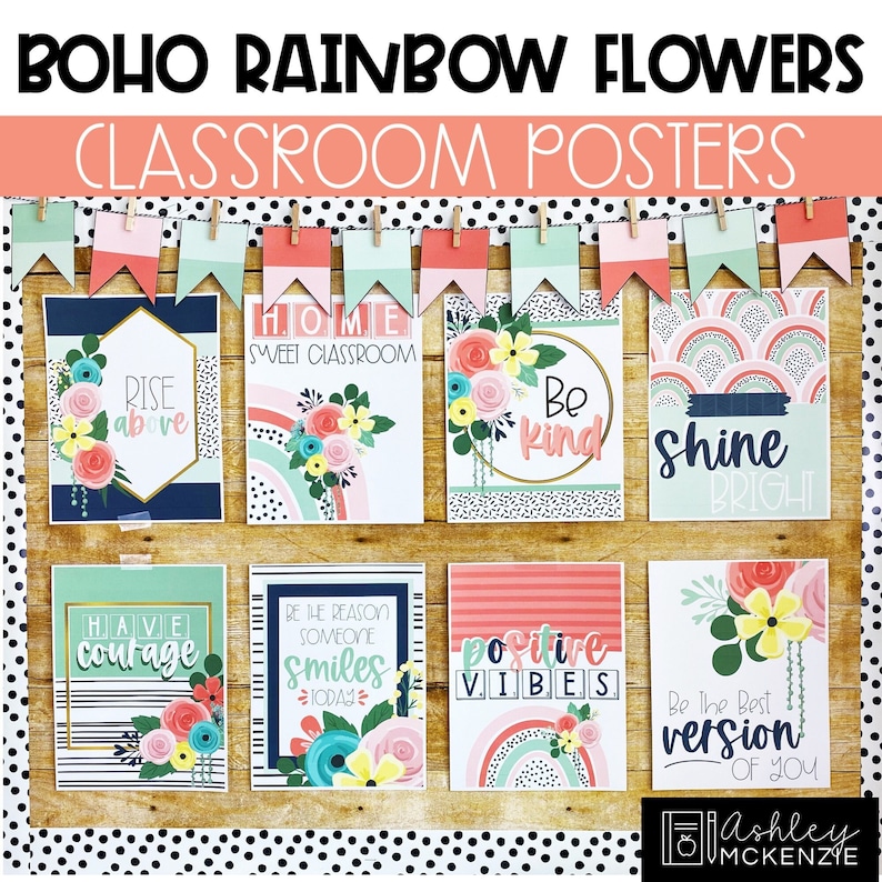 Boho Rainbow Flowers Classroom Posters, Easy and Modern Classroom ...