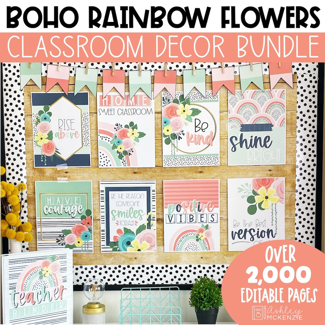 Boho Rainbow Flowers Classroom Decor Bundle, Easy and Modern Classroom ...
