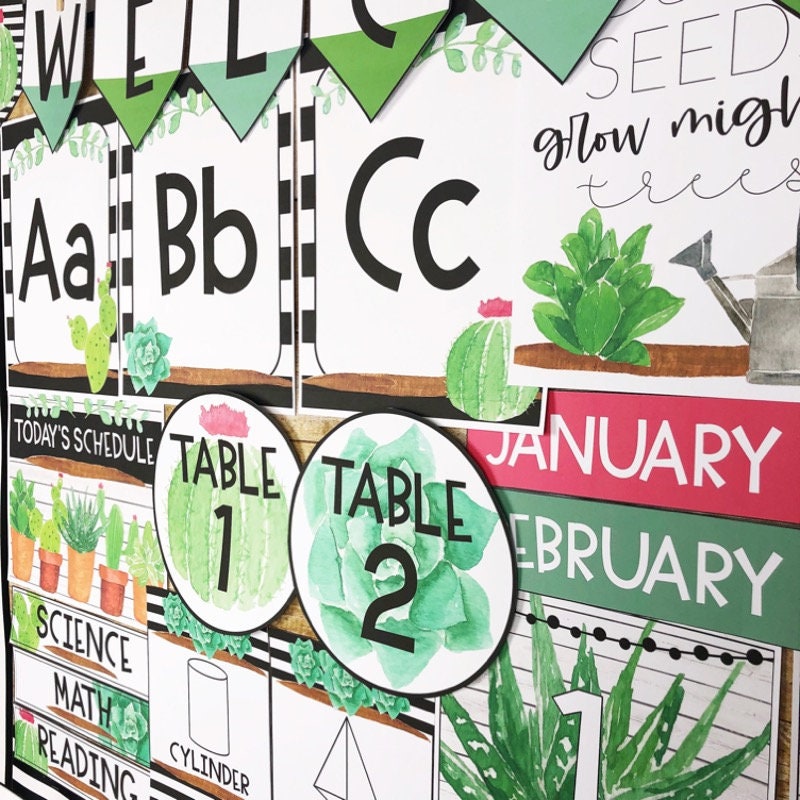 Watercolor Succulent and Cactus Classroom Decor Bundle, Easy and Modern ...
