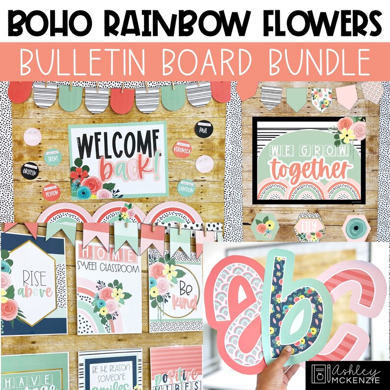 Boho Rainbow Flowers Classroom Decor Bulletin Board Kit - Etsy