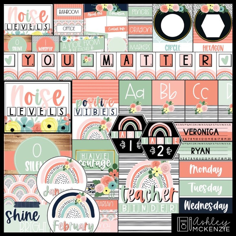 Boho Rainbow Flowers Classroom Decor Bundle Easy and Modern - Etsy