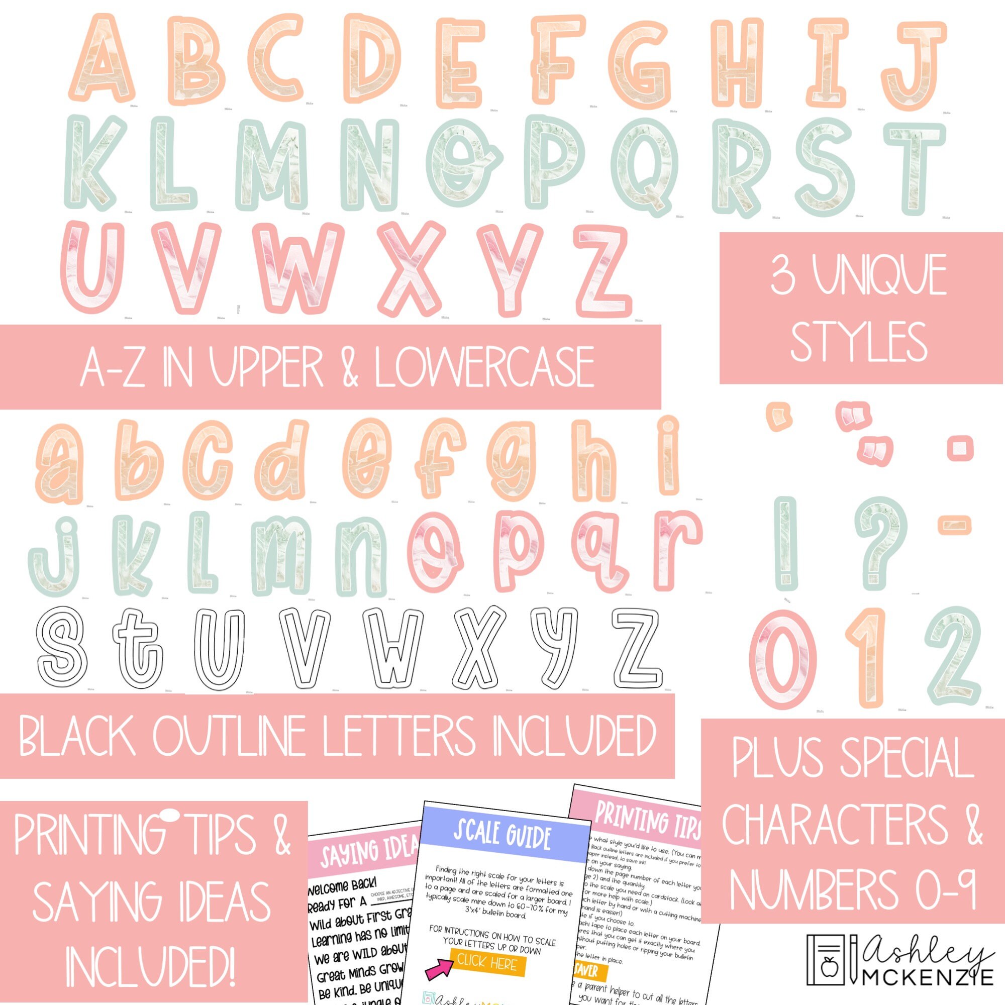 Marbled Pastel Classroom Decor, A-Z Bulletin Board Letters, Punctuation ...