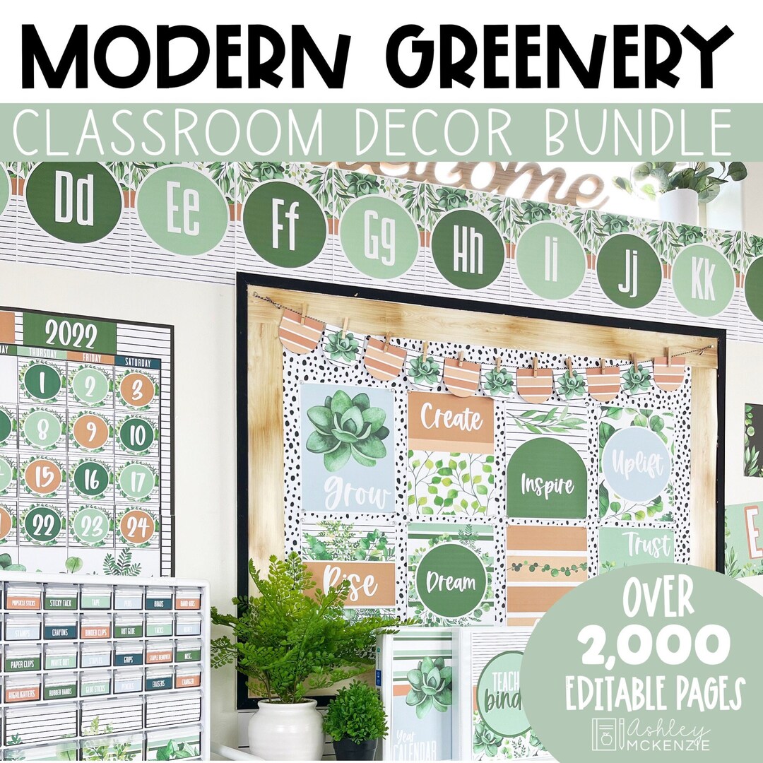 Modern Greenery Themed Classroom Decor Bundle, Editable Calm Colors ...