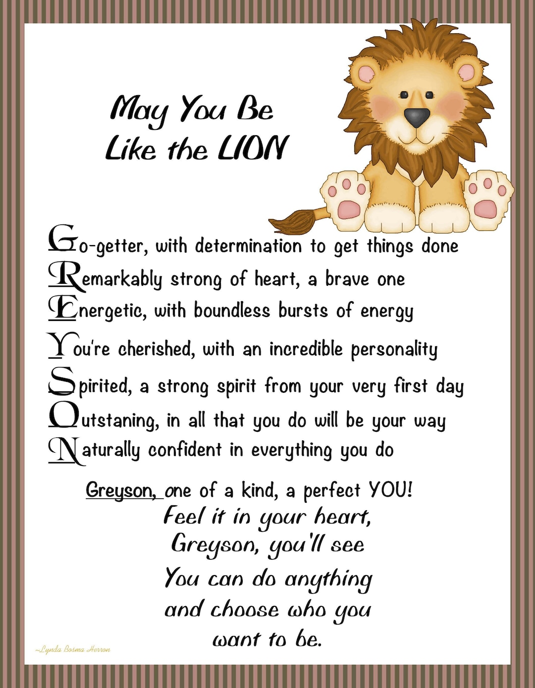 Be Like the Lion INSPIRATIONAL PERSONALIZED Name GREYSON Poem Symbolic ...