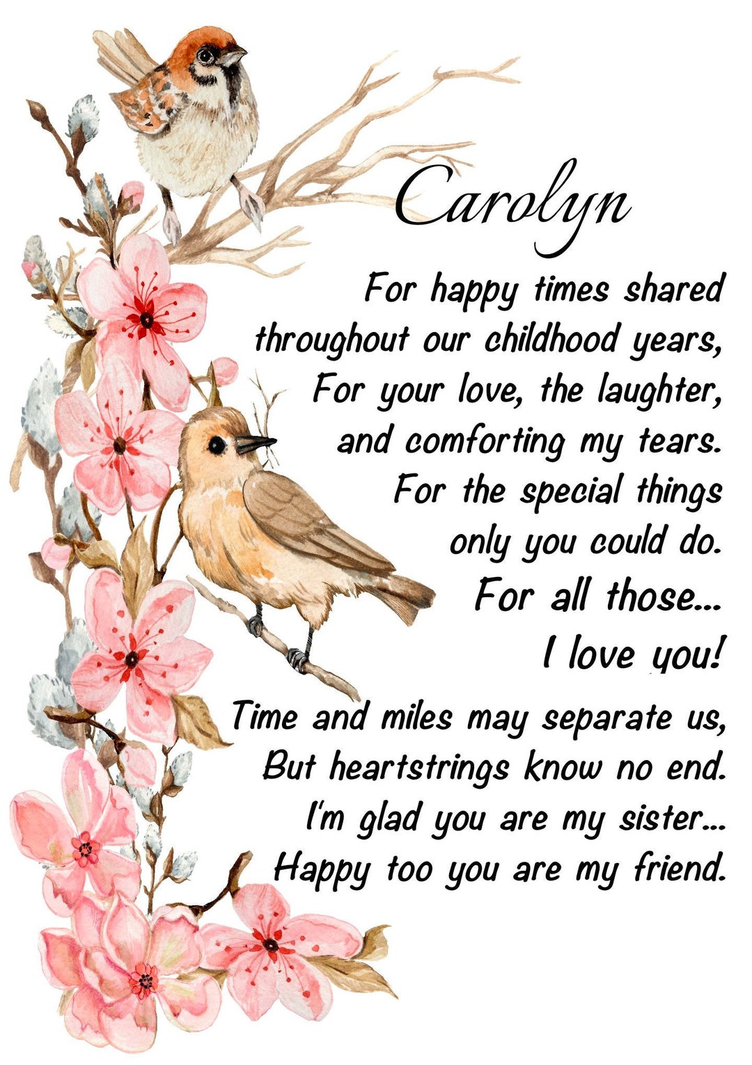 Heartstrings Know No End Custom Sister Brother Poem Birthday or ...