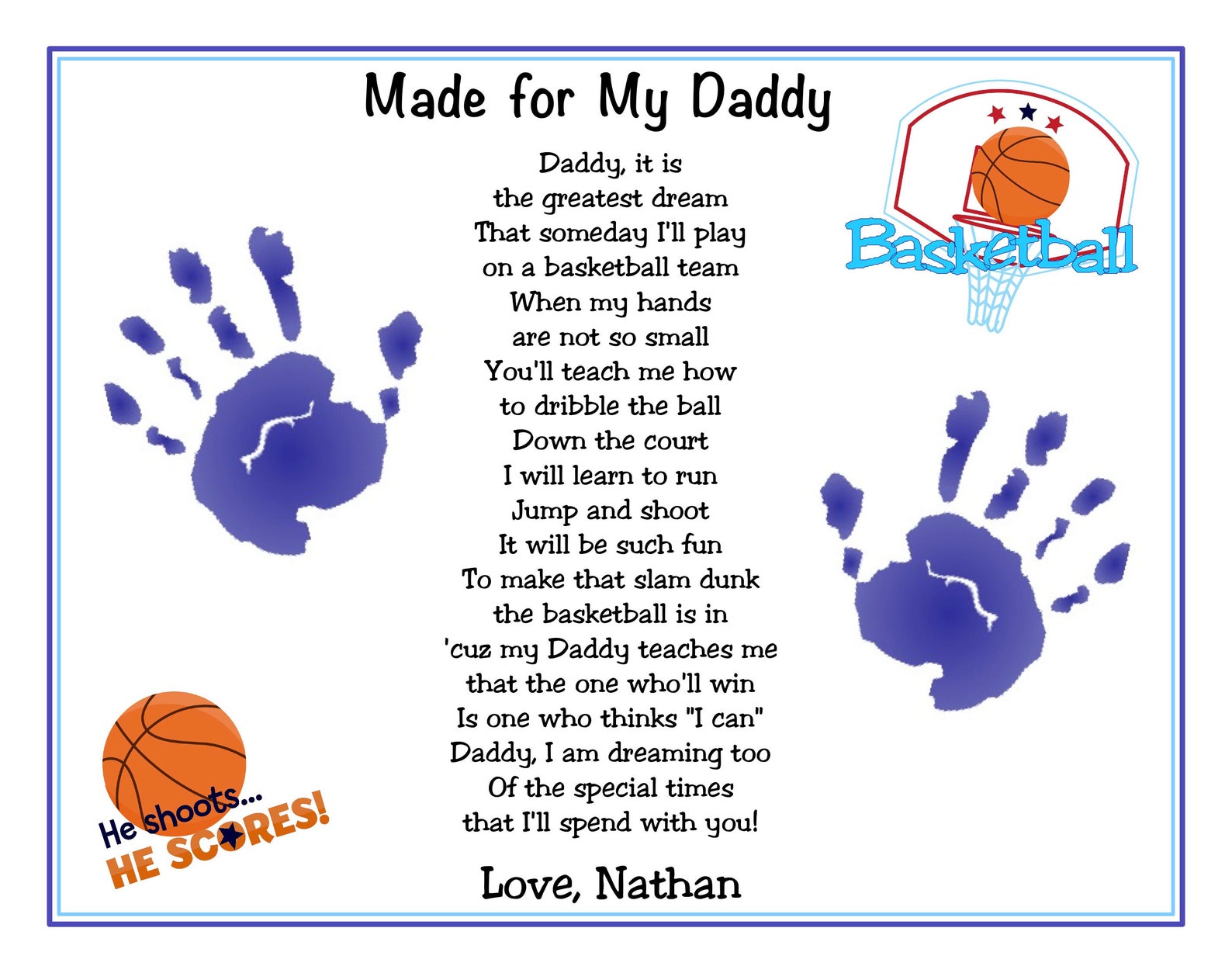 Daddy Teach Me BASKETBALL Poem PERSONALIZED Baby Handprints First ...