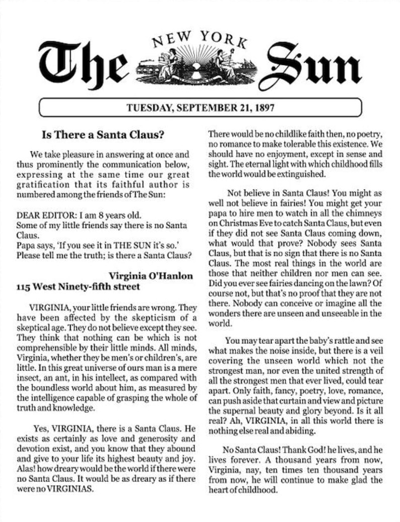 Yes Virginia There is A Santa Claus Published 1897 New York SUN ...