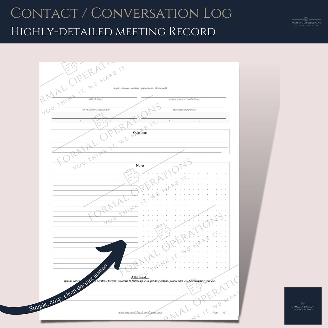 Contact Log, Phone Call Record, Meeting Notes, Contact Record Log ...