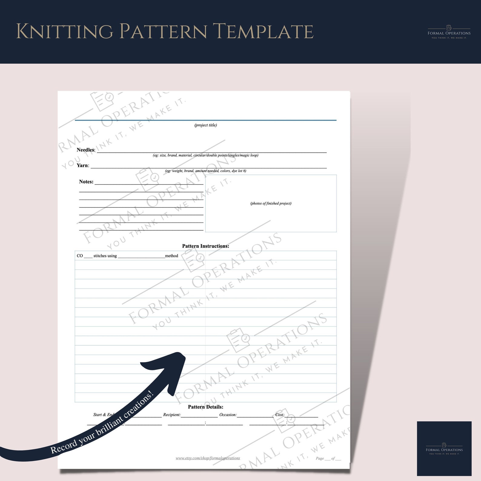 Knitting Pattern Template, Knit Pattern Writer, Write Down Knitting ...