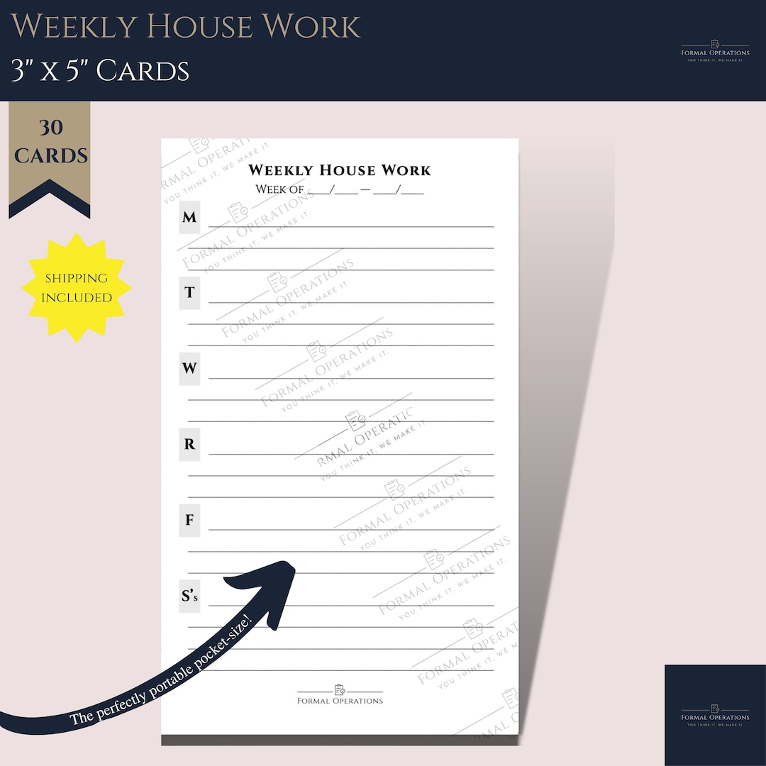Set of 30 Weekly House Work Cards - Pocket-size House Chores List ...