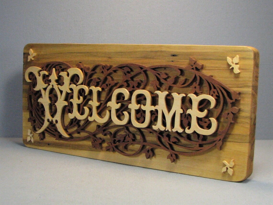 Welcome Sign Wall Hanging Leaf Vines and Flowers Solid Wood - Etsy