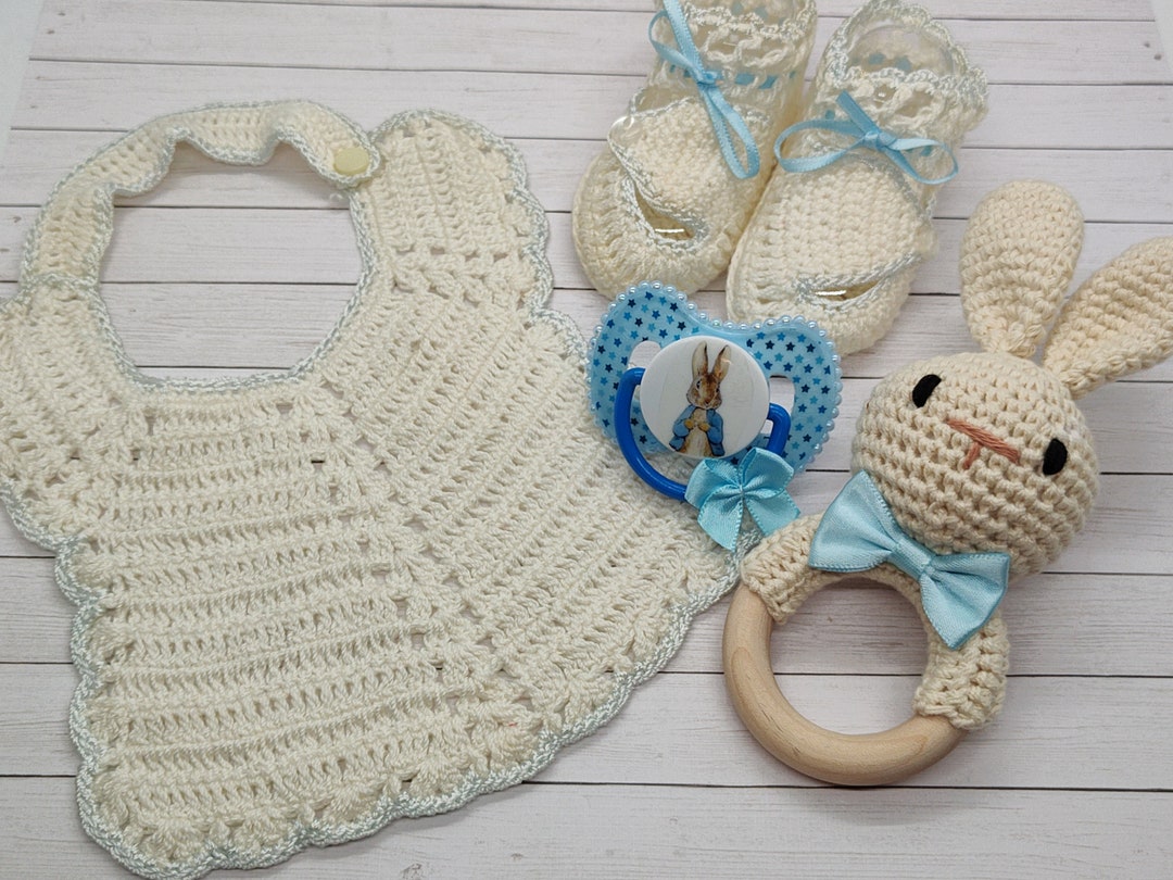 Four Piece Crochet Bib, Booties, Pacifier and Rattle Set for Reborn ...