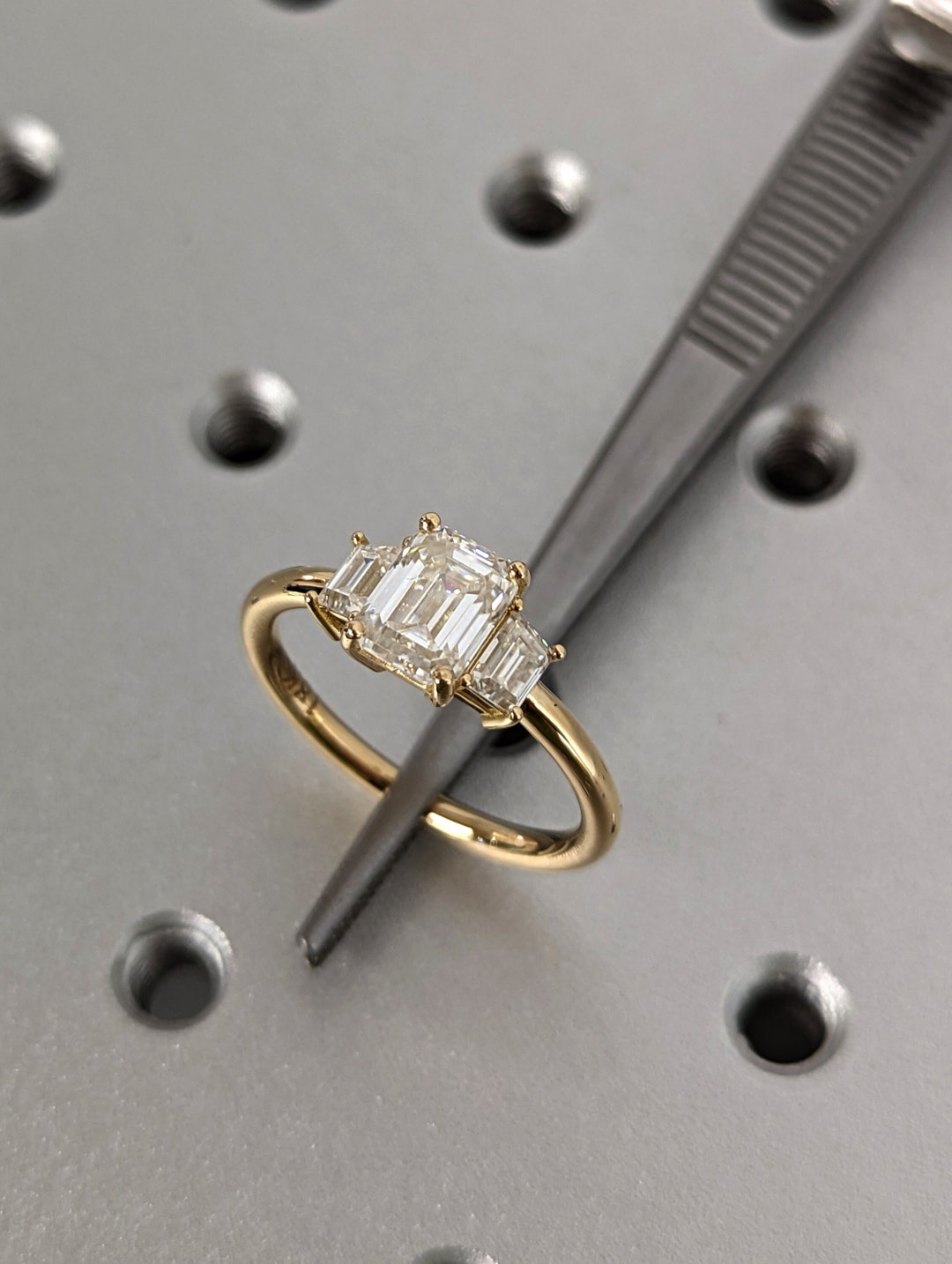 Three Stone Emerald Cut Moissanite Engagement Ring, Side Trapezoid ...
