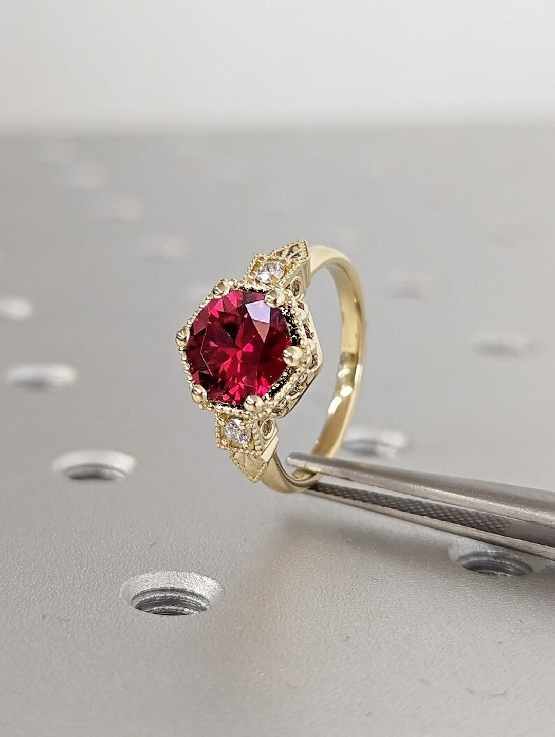 14K Solid Gold Ruby July Birthstone Ring, Round Cut Diamond Trellis ...