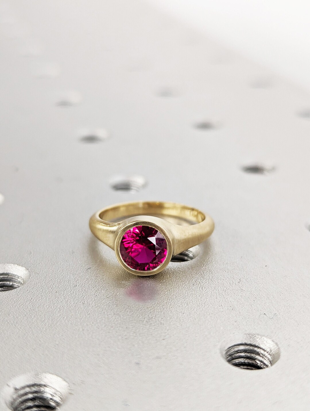14K Solid Gold Ruby Round Stacking Signet Ring, Gold Ring Bezel Set, Simple Ruby Ring, Handmade ...