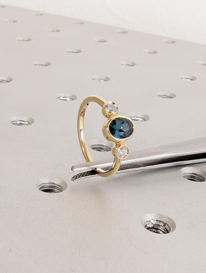 Oval Teal Sapphire Engagement Ring, Art Deco 14k Solid Gold Bezel Set ...