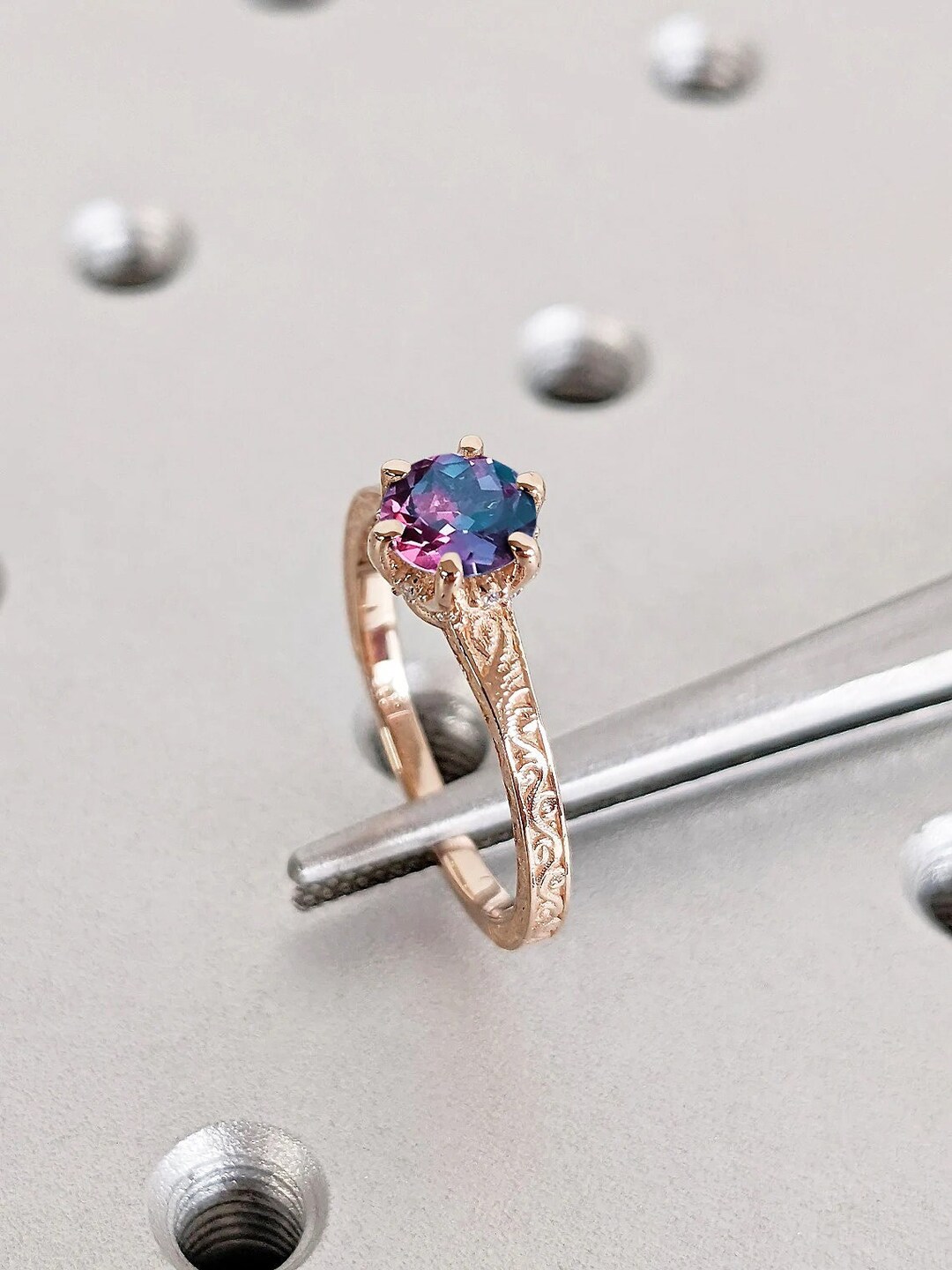 Blue Purple Alexandrite Vintage Engagement Ring | 14K 18K Rose Gold ...