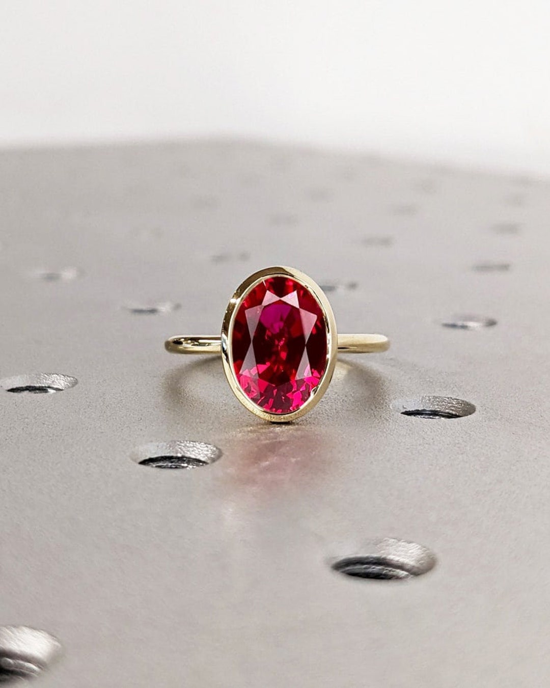 Bezel Set Ruby Ring 14K Solid Yellow Gold Gemstone Engagement Ring for ...