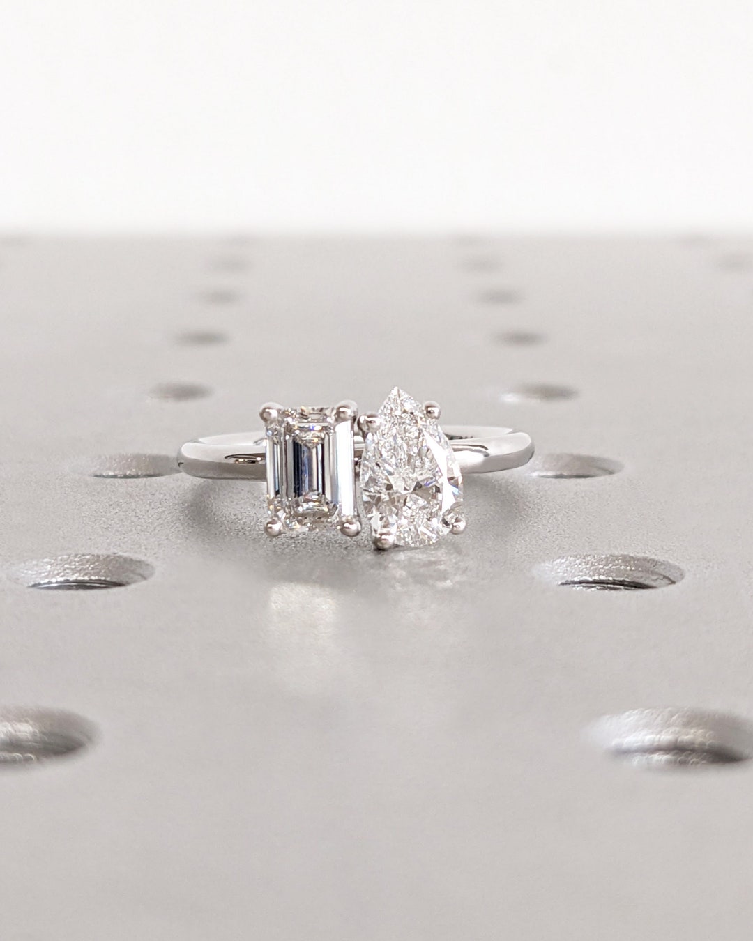 Double Stone Engagement Ring Pear Cut and Emerald Cut Lab Diamond Two ...