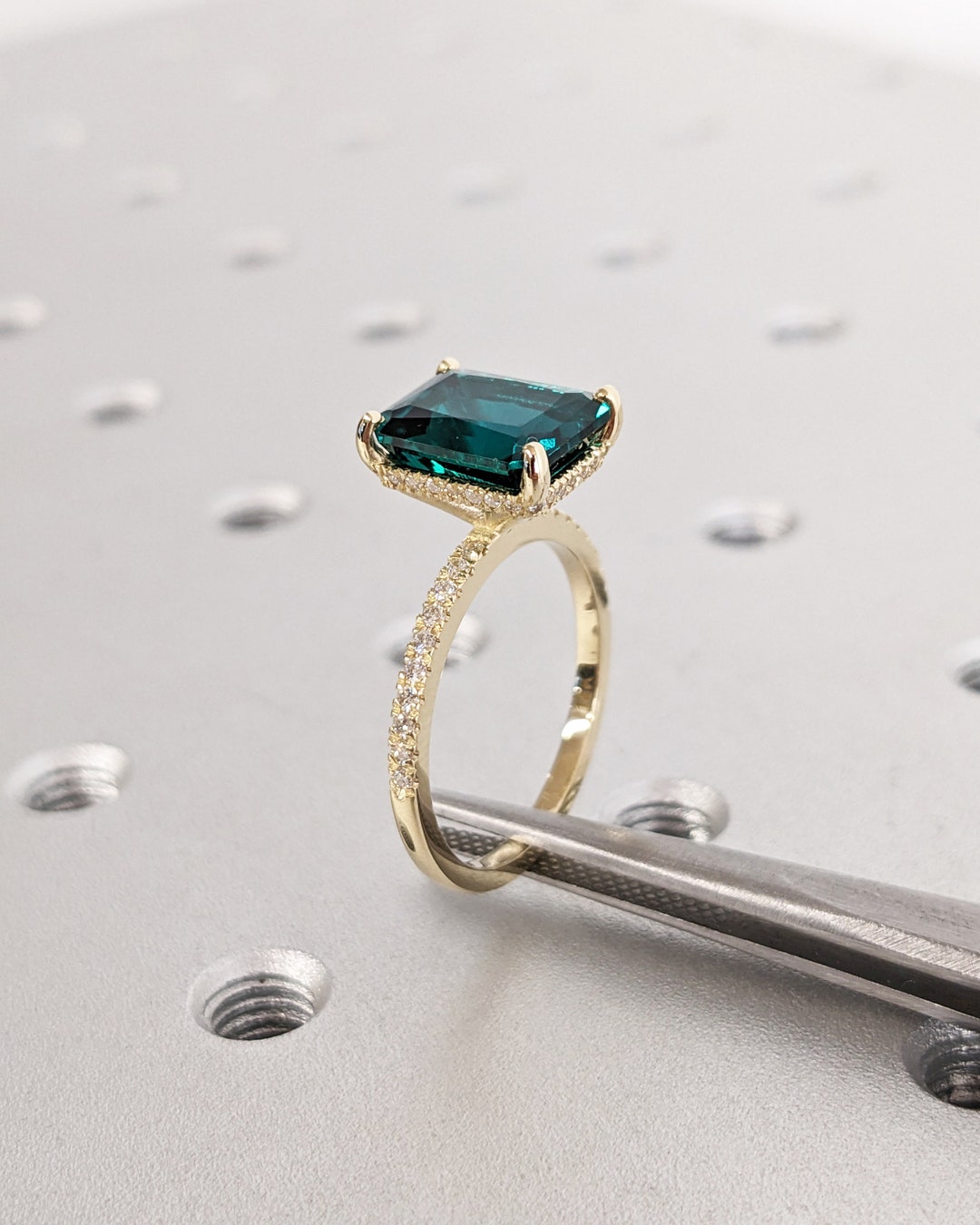 Emerald Engagement Ring Set Real Gold Women Radiant Cut Lab Emerald ...