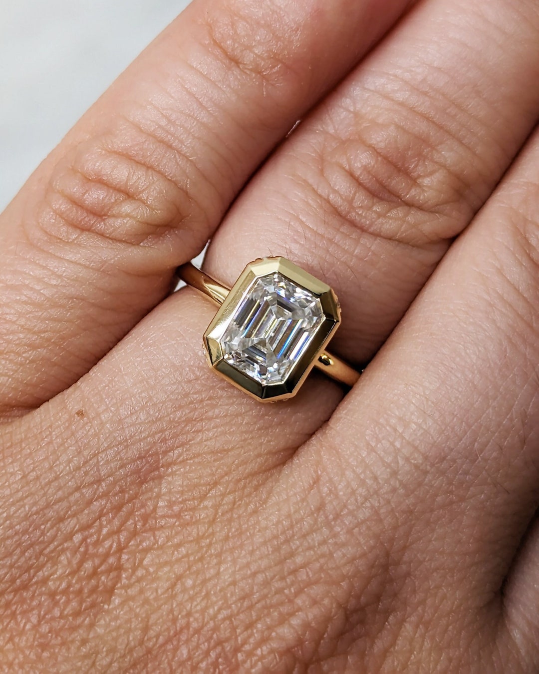 Chunky Bezel 1.5ct Emerald Cut Lab Diamond | 14K Yellow Gold Promise ...