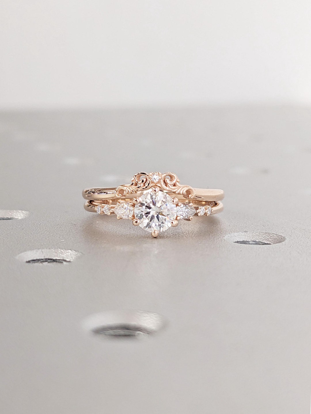 Real Rose Gold Prong Set Ring | Lab Diamond Engagement Ring Set | Art ...