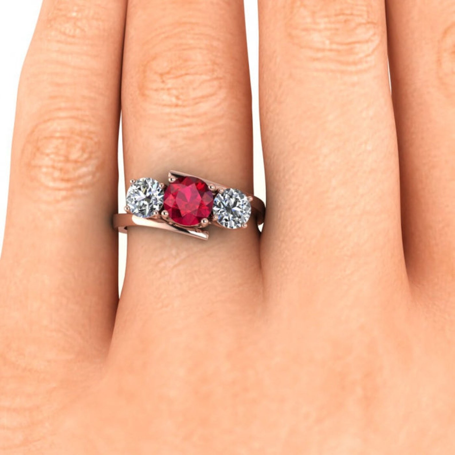 14k Rose Gold Doreen Offset 3 Stone Ruby and Diamond Ring 1 | Etsy