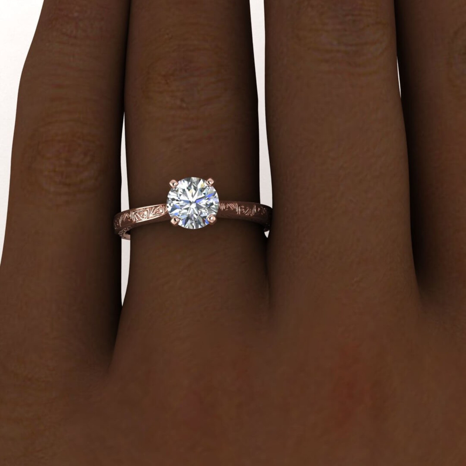 Rose Gold Hand Engraved Ring, Cathedral Setting, High Profile Prongs ...