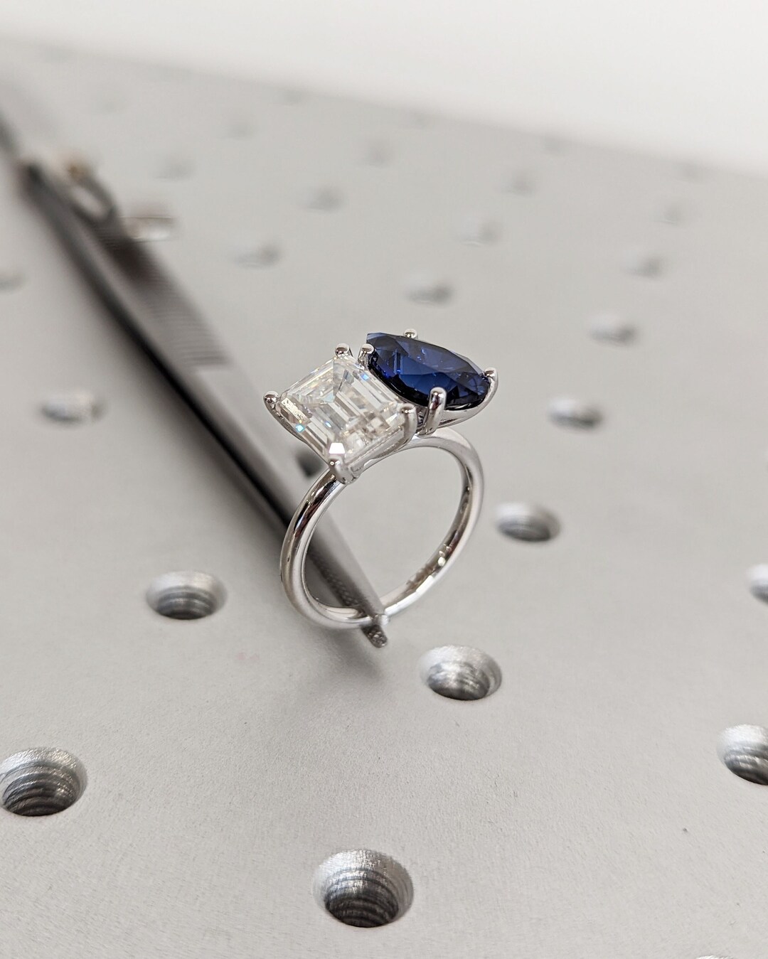 Trellis Double Stone Engagement Ring Pear Cut Blue Sapphire and Emerald ...